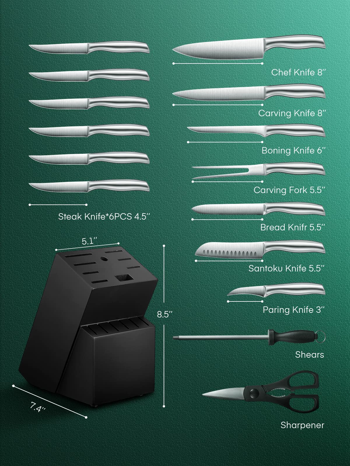 ZAWS Knife Set, 16PCS Stainless Steel Kitchen Set with Hollow Handle, Super Sharp One Piece Design Knives Black Wood Block, Including Chef Knife, Bread Steak