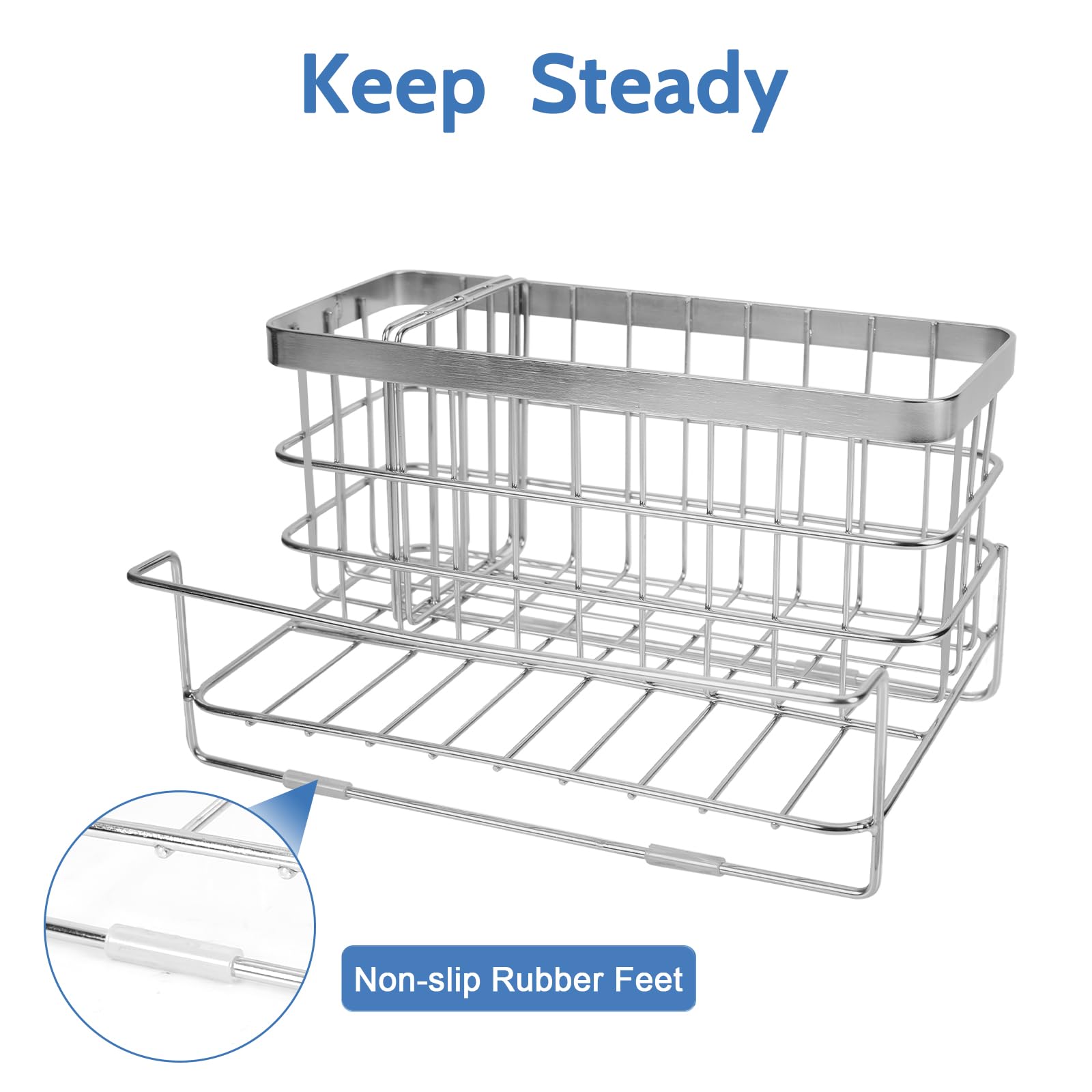 Optish Sponge Holder for Kitchen Sink, Rustproof Soon Neat Kitchen Sink Caddy with Drip Tray, Non-Slip Kitchen Sink Organizer with Brush Holder for Countertop