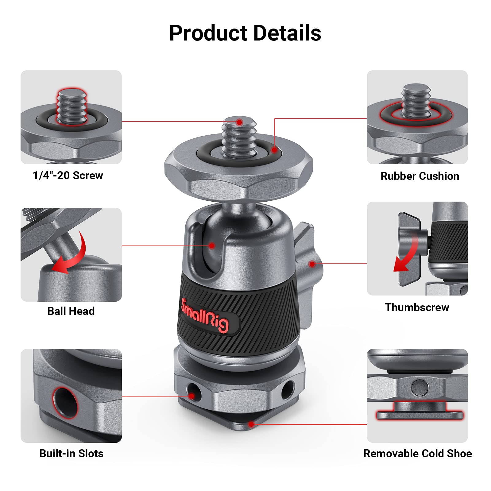 SmallRig Mini Ball Head with Removable Cold Shoe Mount, 360° Panning Ball Head for Camera/Microphone/Video Monitor/LED Video Light 2795