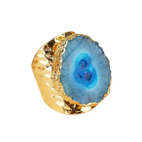 YEEVAA Natural Agate Quartz Geode Druzy Ring Healing Crystal Stone Adjustable Open Wide Gemstone Ring Jewelry Gift-1PC (Blue Agate,Gold Plated)