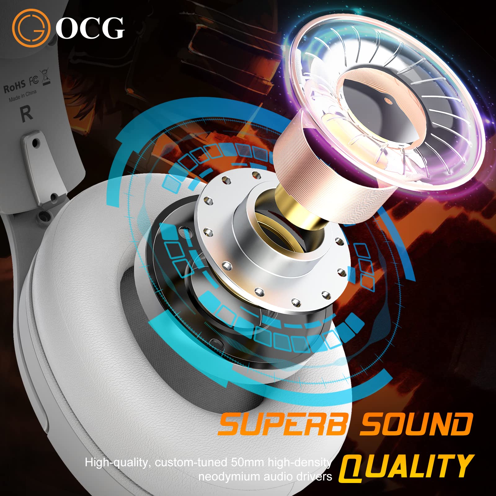OCG Gaming Headset Dual Wireless Lossless 2.4G Bluetooth Gaming Headphones with Detachable Microphone 50mm Speakers - for PC, PS4, PS5,Smartphone,MacBook,Notebook,Tablet White…