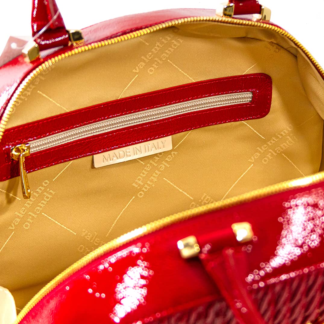 Valentino Orlandi Women's Large Handbag Italian Designer Purse Bowling Bag Top Handle Crimson Red Lacquered Genuine Leather Statement Bag in Quilted Design