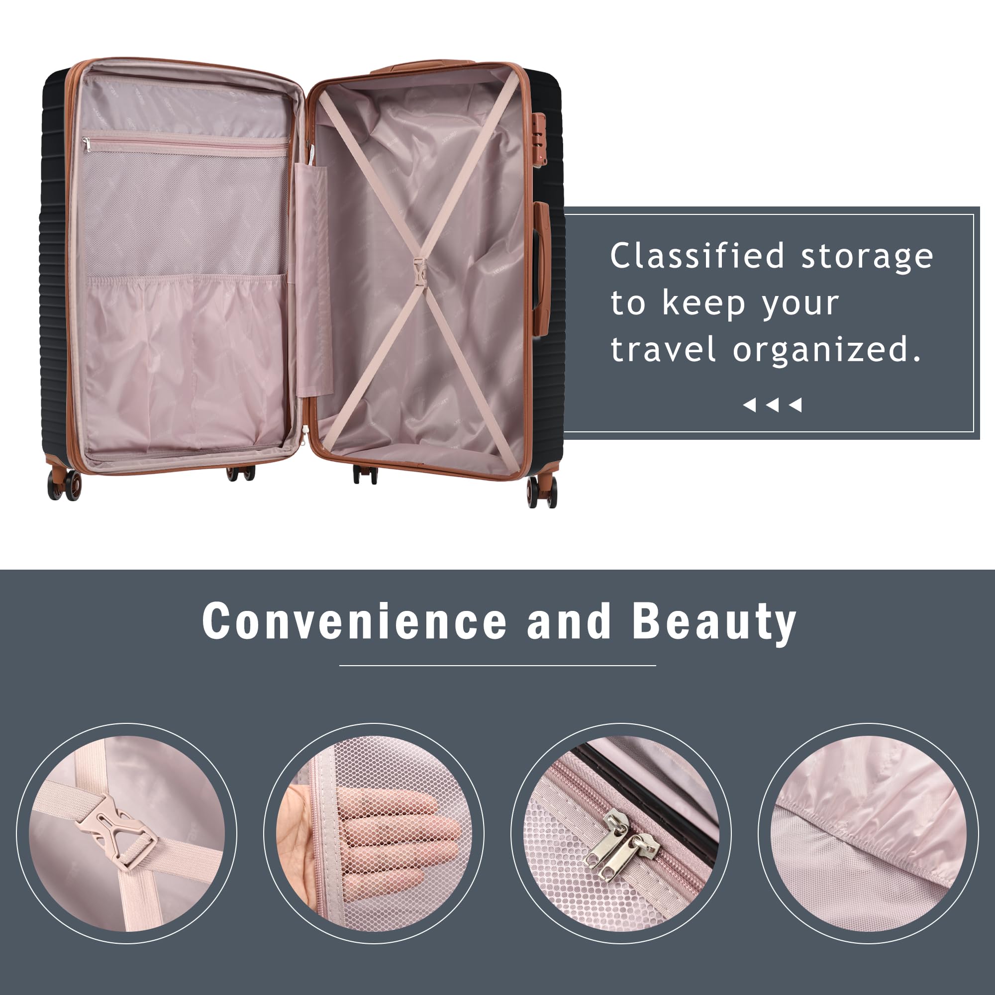 Merax Luggage Sets 3 Piece Suitcases Set ABS Expandable 8 Wheels Spinner Suitcase, TSA Lock Travel Luggage For Man And Women (Black Brown)