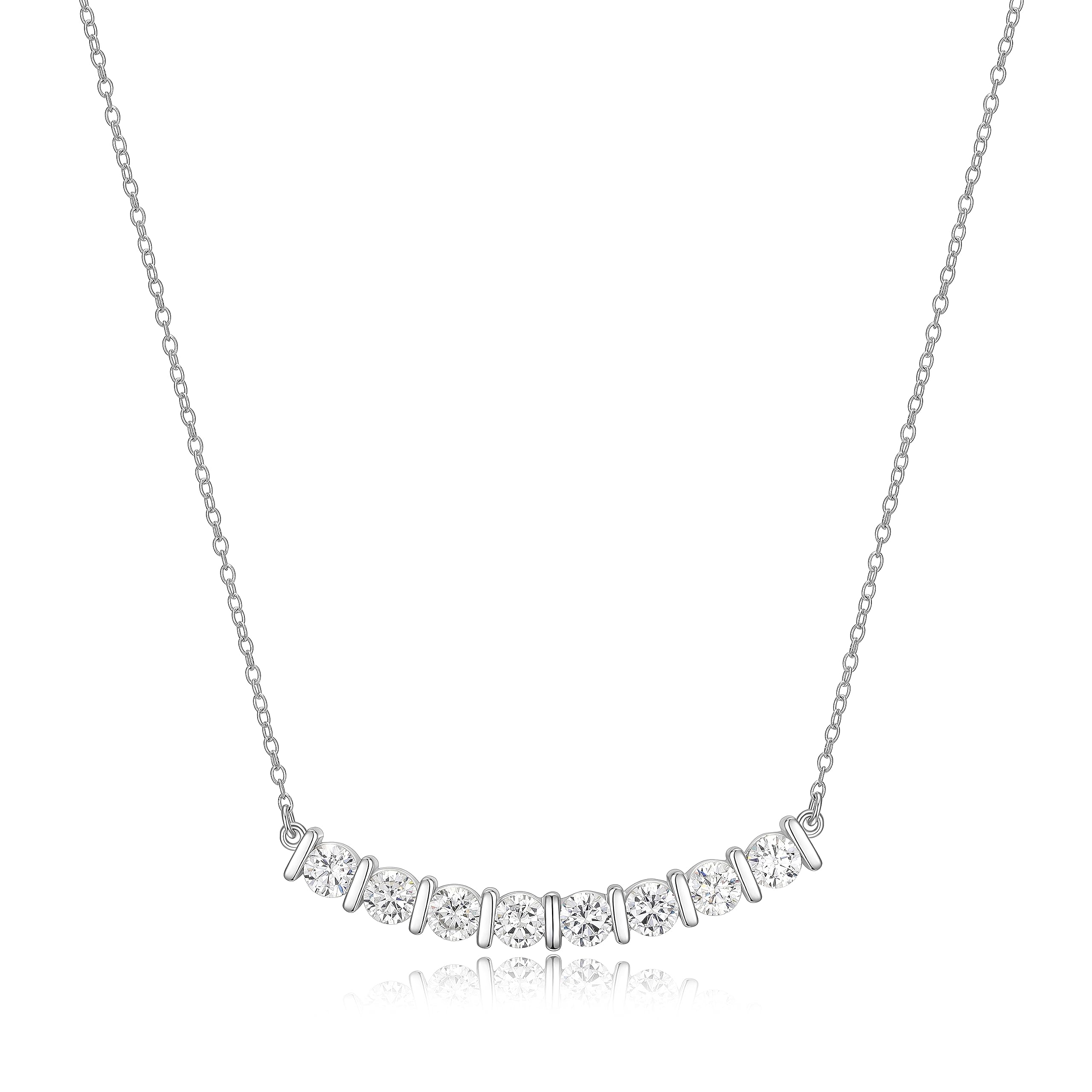 MORGAN & PAIGE Curved Bar Pendant Necklace - Rhodium Plated 925 Sterling Silver Necklace For Women With Suspended Horizontal Half Circle Pendant & White Cubic Zirconia - 18"