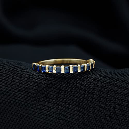 Rosec Jewels Certified Sapphire Half Eternity Band, AAA Quality, Natural Blue Sapphire Princess Cut Wedding Ring - Ready to Gift, 14K Yellow Gold, Size:US 10.00