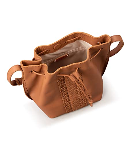 The Sak Ivy Drawstring Bucket Bag in Leather, Convertible Purse with Crossbody Strap, Tobacco Vachetta