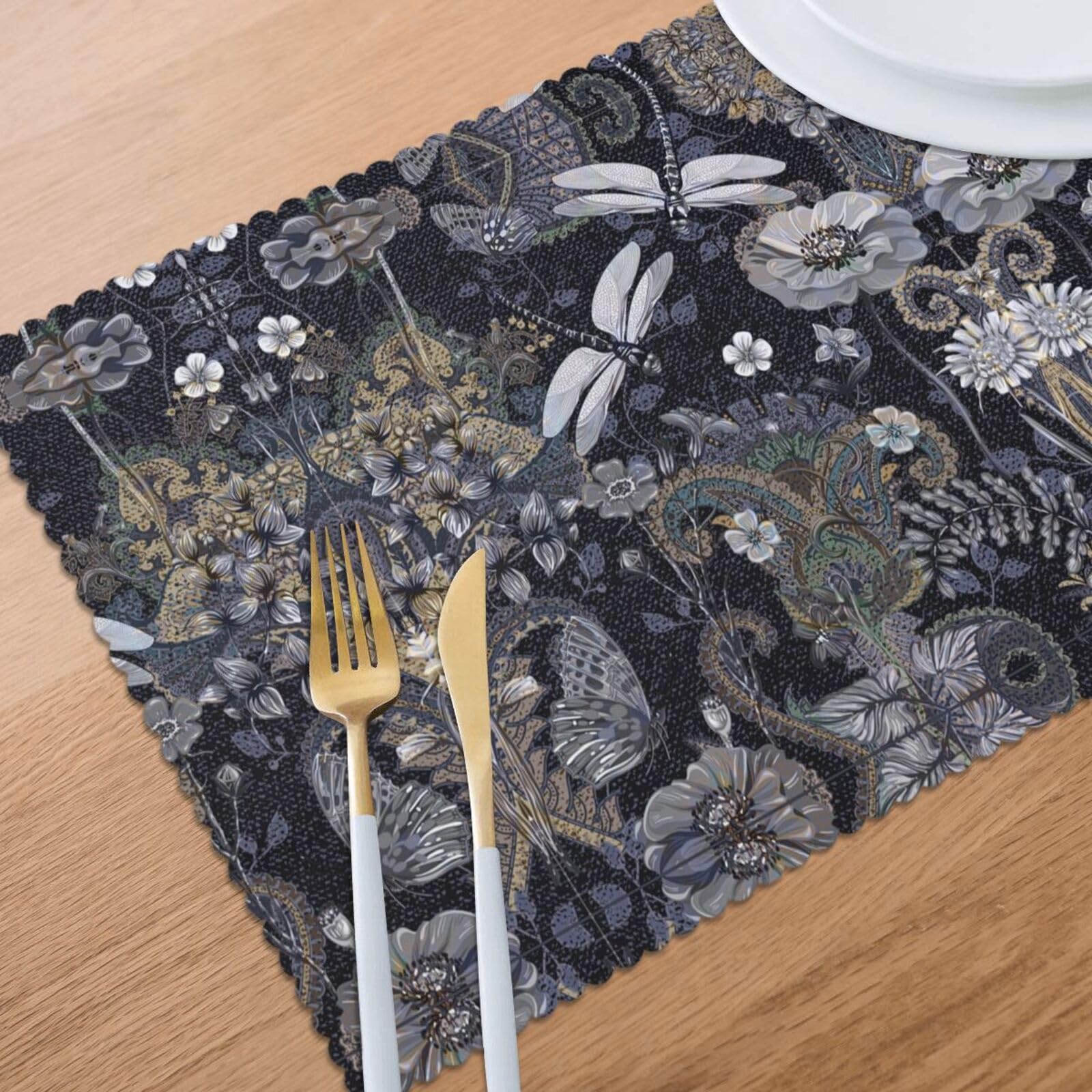 Placemats, Dragonflies Grey Print Placemats Set of 6, Heat Resistant Place Mats, Washable Table Mats