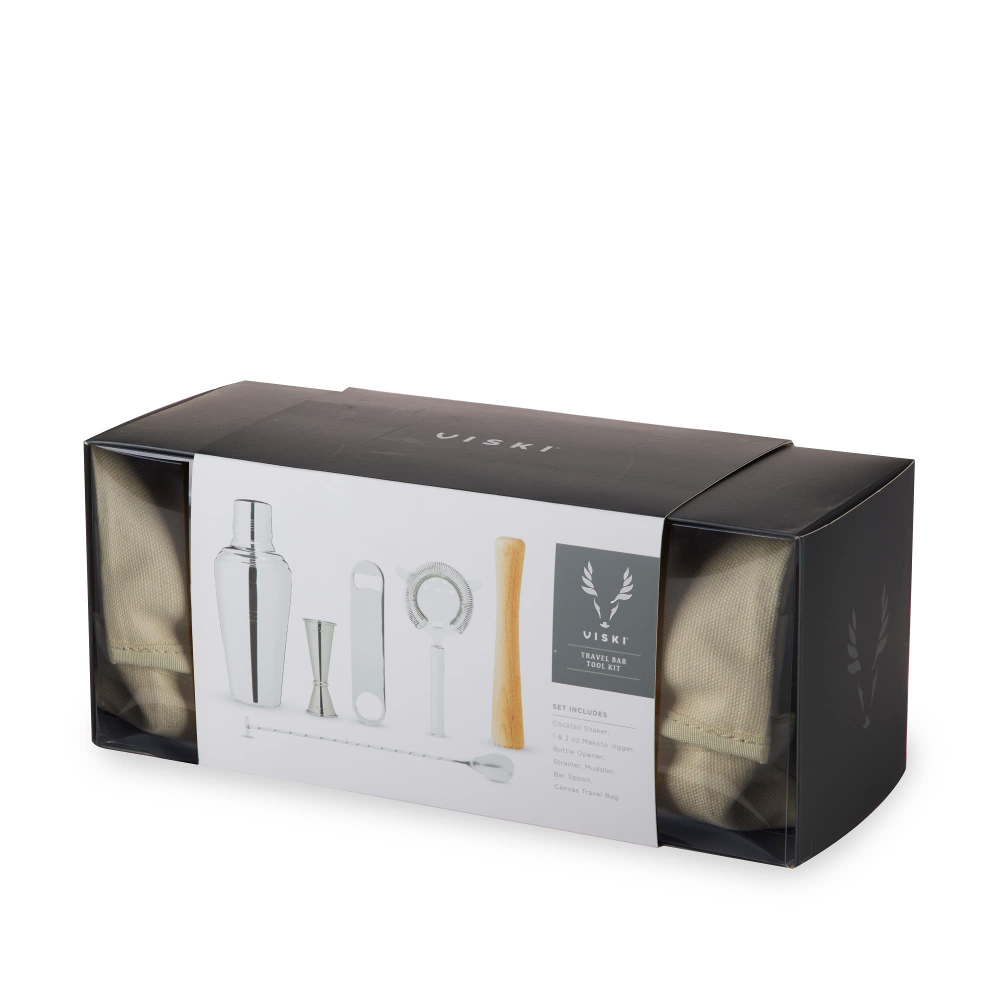 Viski Travel Bartender Kit 6pc Set, Drink Mixers for Cocktails Gift Essentials: Classic Cobbler Shaker, Hawthorne Strainer, Bottle Opener, Jigger, Barspoon, Muddler & Canvas Carry Bag