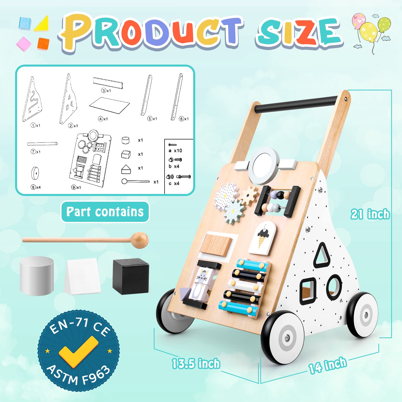 Wooden Baby Push Walker, Pull Learning Activity Walker Baby Walking Toy with Wheels Infant Walker Multiple Activities Center Toddler Walker for Boys and Girls