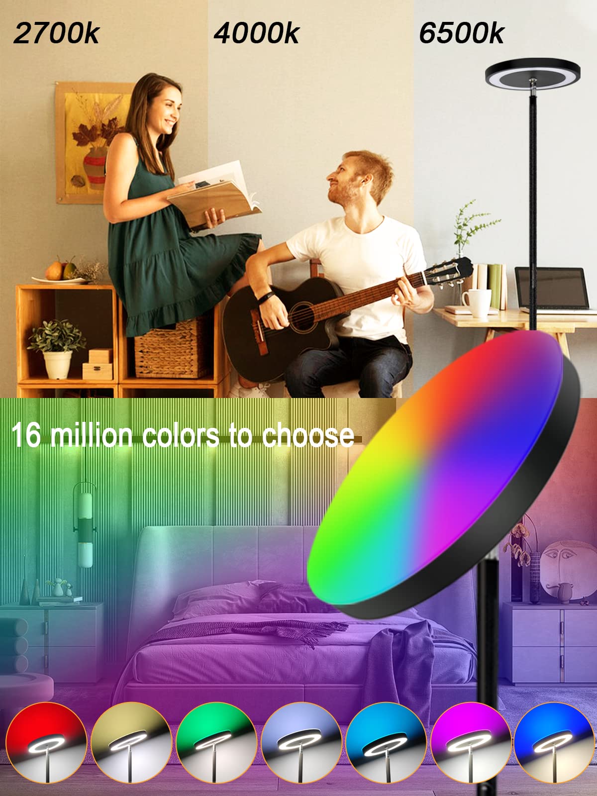 Ovensty Floor Lamp, RGB LED Standing Lamp with Modern Double-Side Lighting, Smart App Control, 2700K-6500K Color Changing Dimmable Upgraded Super Bright Tall Lamps for Bedroom Living Room