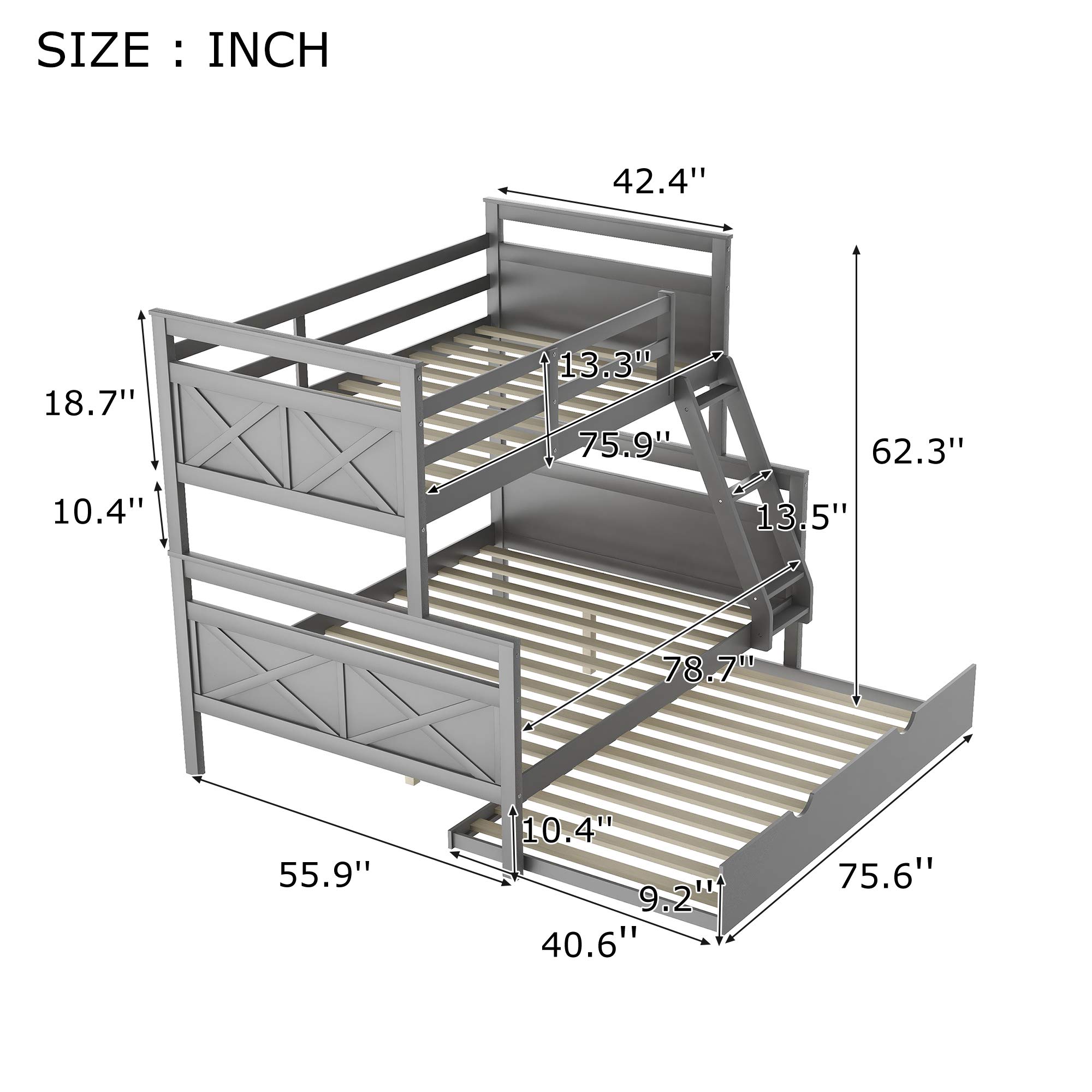 Merax Twin over Full Wood Bunk Bed with Trundle and Safety Guardrail for Teens, Guests,No Box Spring Needed, Gray