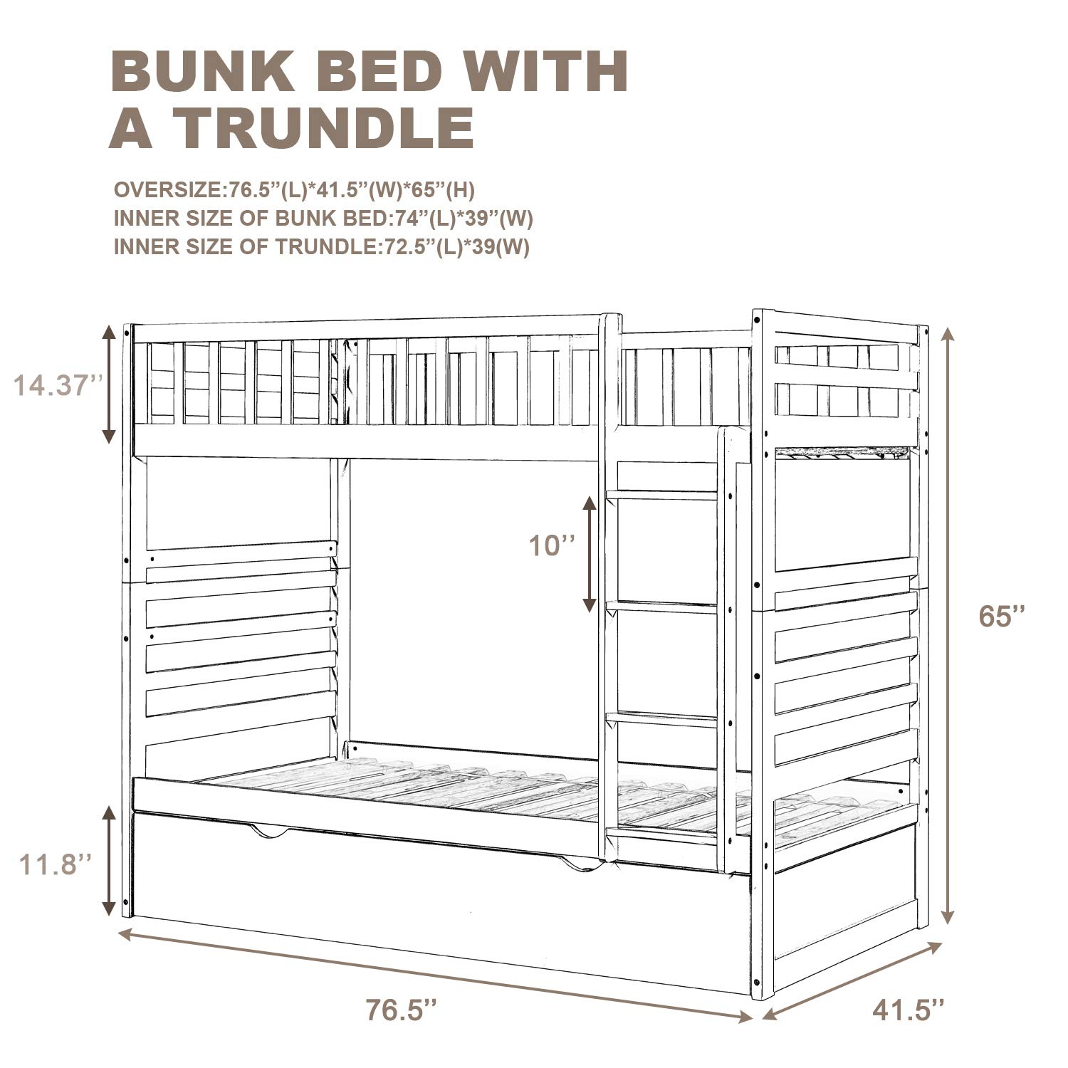 Morhome Twin Over Twin Bunk Bed with Trundle, 3 in 1 Triple Bunk Beds with Side Ladders and Safety Guard Rail for Kids Adults Teens