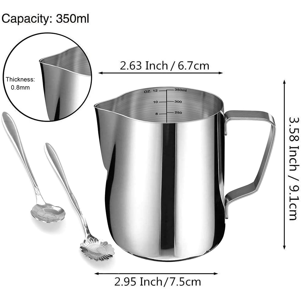 SIKEMAY Milk Frothing Pitcher Jug - 12oz/350ML Stainless Steel Coffee Tools Cup - Suitable for Espresso, Latte Art and Frothing Milk, Attached Dessert Coffee Spoons
