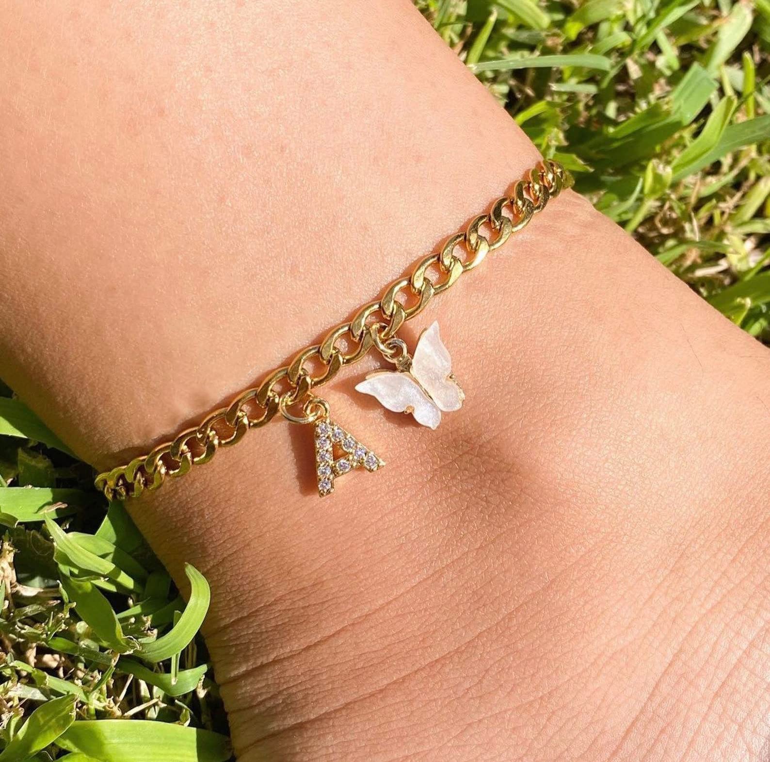 VIROMY 14K Gold Plated Dainty Butterfly Initial Ankle Bracelets Handmade Cuban Chain White Butterfly A Alphabet Letter Initial Anklets Personalized Summer Beach Jewelry Gifts for Women A