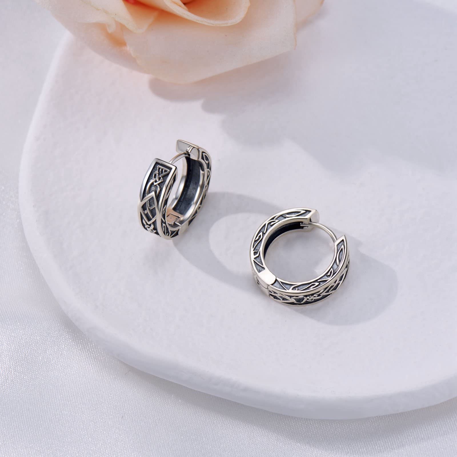 Viking Hoop Earrings 925 Sterling Silver Carving Earrings Black Vintage Hoop Earrings for Men Women