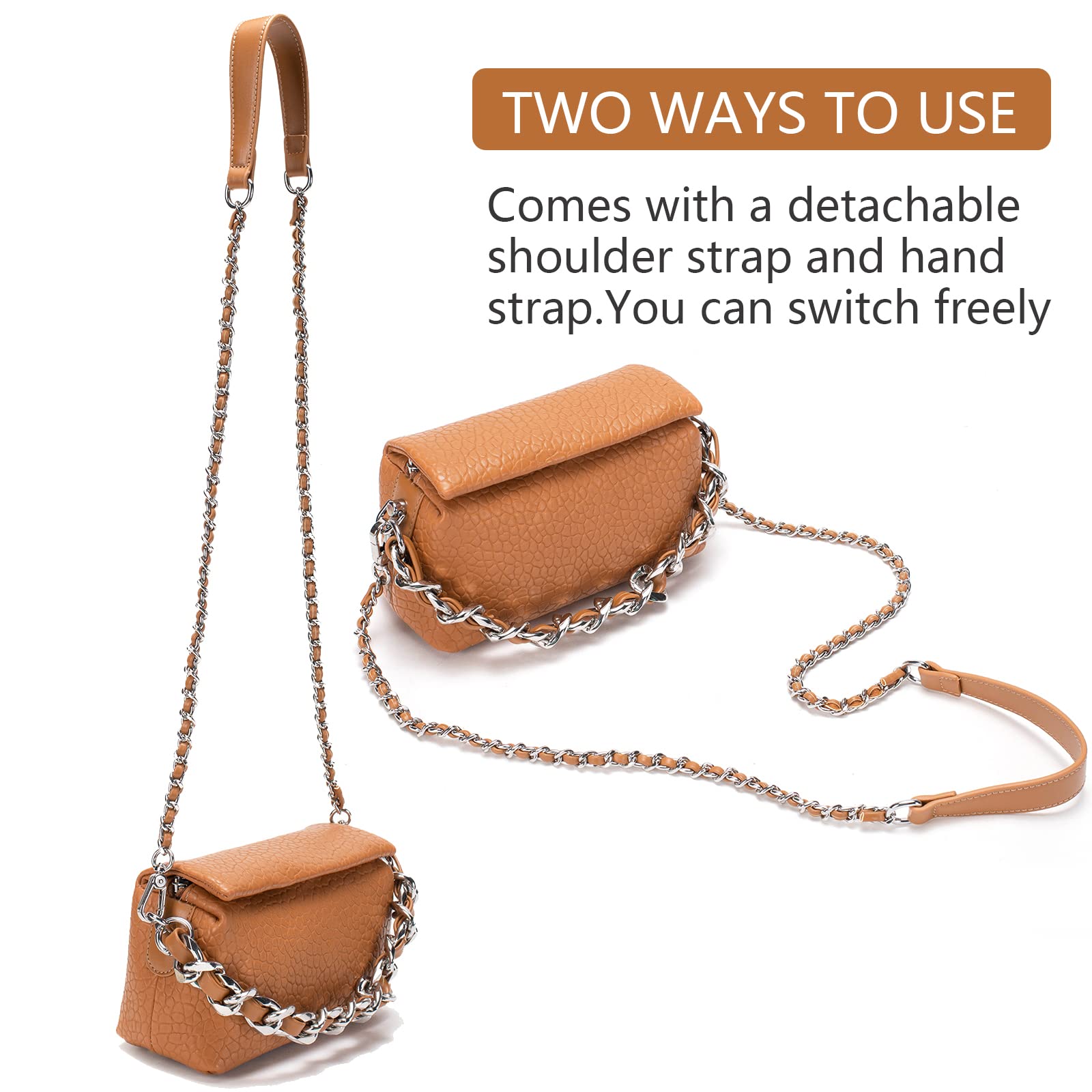 Small Crossbody Bag for Girls Women Elegant Style Handle Bags with Chain Strap Elephant Skin Pattern Leather Look (Brown)