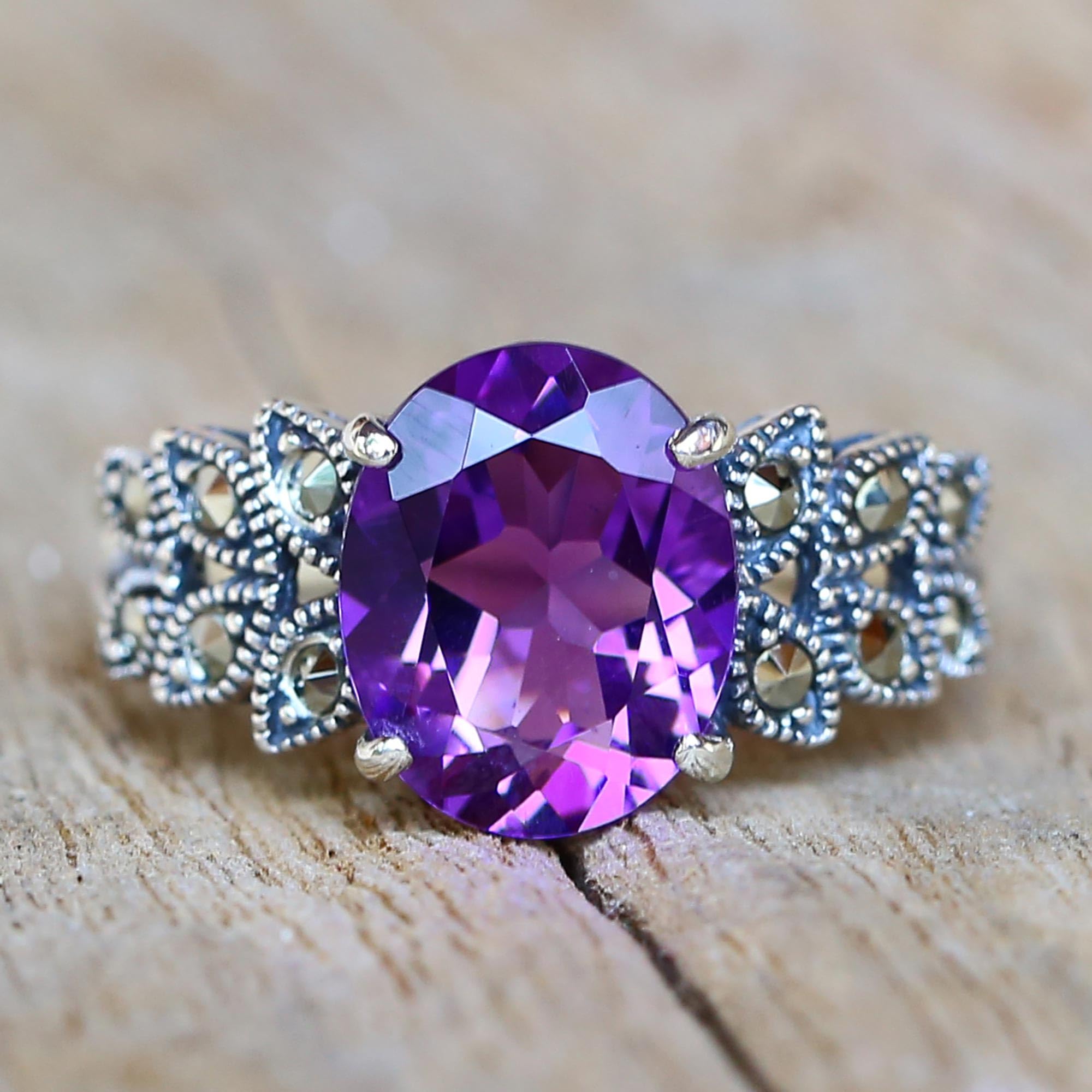NOVICA Artisan Handmade .925 Sterling Silver Amethyst Marcasite Cocktail Ring from Thailand Birthstone 'Purple Queen'