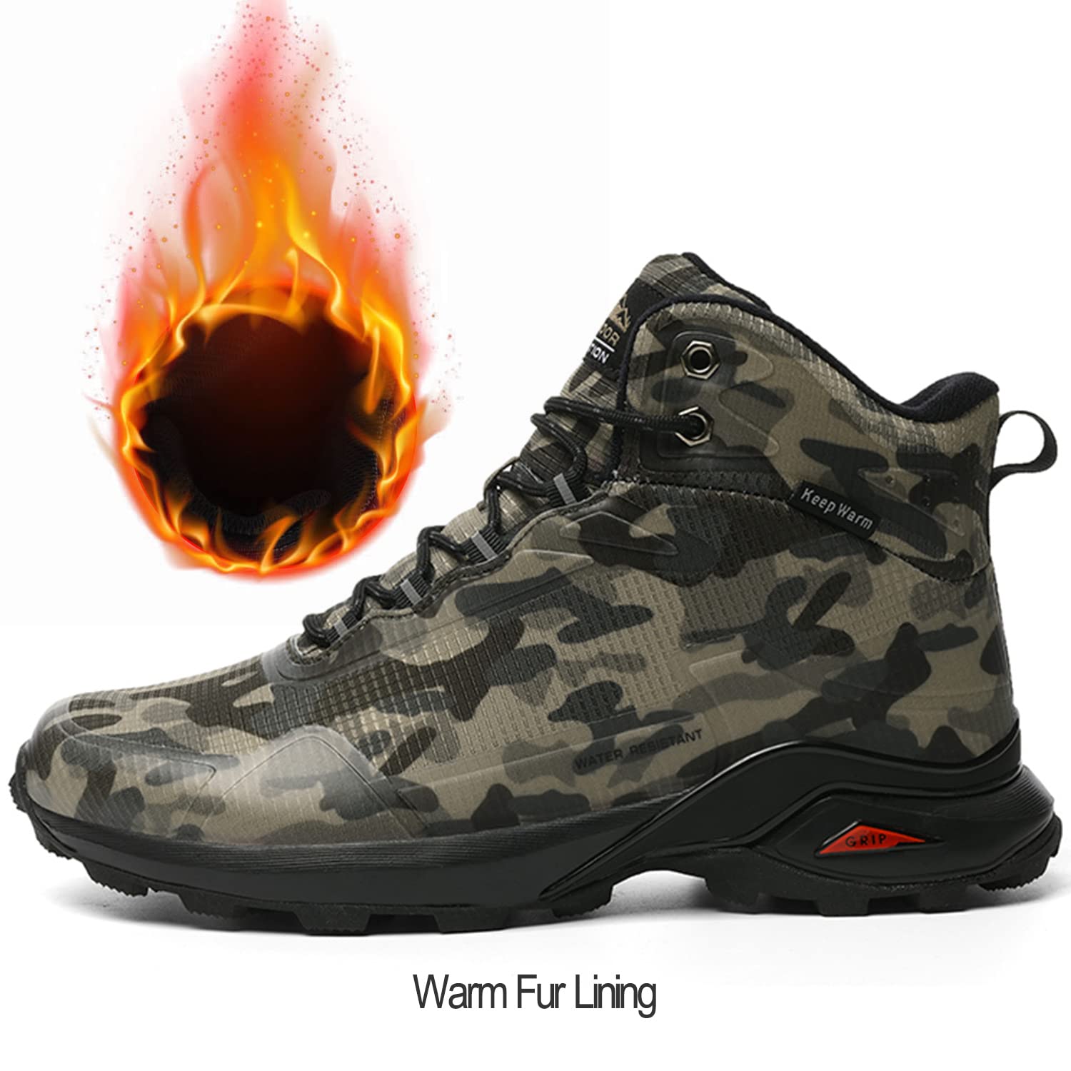 Pscownlg Men's winter snow waterproof hiking boots with fur lining to keep warm and non-slip outdoor hiking work shoes (CAMO, numeric_14)
