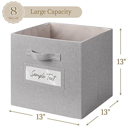 Posprica 13x13 Cube Storage Bins 8 pack, Collapsible Foldable Fabric Storage Boxes with Label Window, Storage Baskets Organizer with Dual Handles for Shelves, Clothes, Closet, Office, Bedroom, Grey