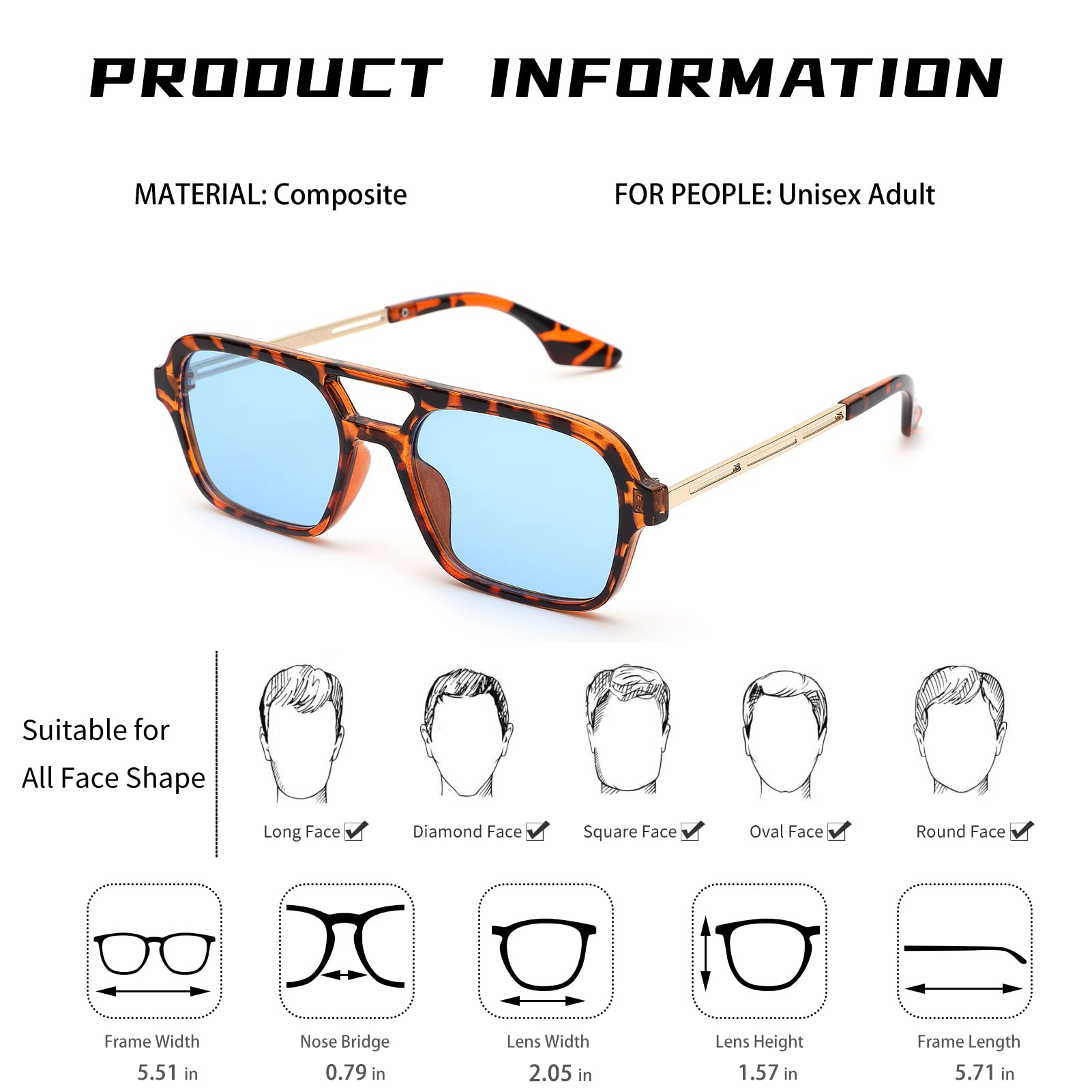 Pro Acme Vintage 70s Flat Pilot Sunglasses for Women Men, Small Frame Rectangular Glasses UV400 Protection Shades (Leopard Frame | Blue Lens)