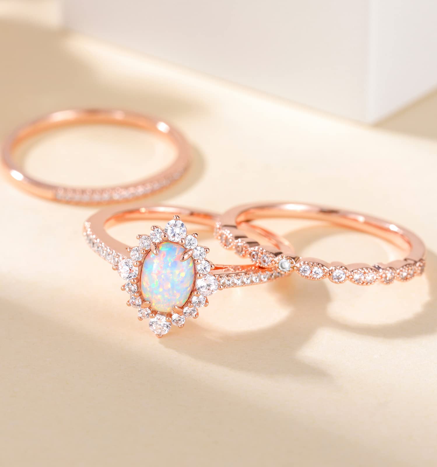 TIGRADE 1.5CT Oval Opal Bridal Ring Sets 3Pcs Rose Gold Stackable Rings Cubic Zirconia Engagement Halo CZ Wedding Band for Women Size 3-12, Size 7