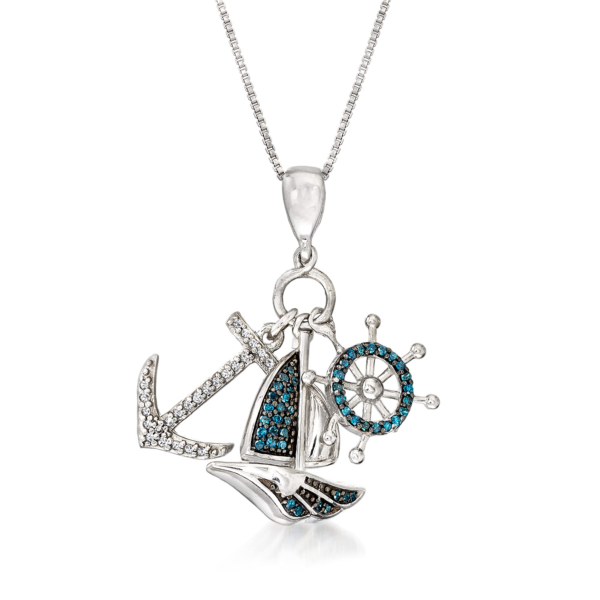 Ross-Simons 0.20 ct. t.w. Blue and White Diamond Nautical Pendant Necklace in Sterling Silver. 18 inches