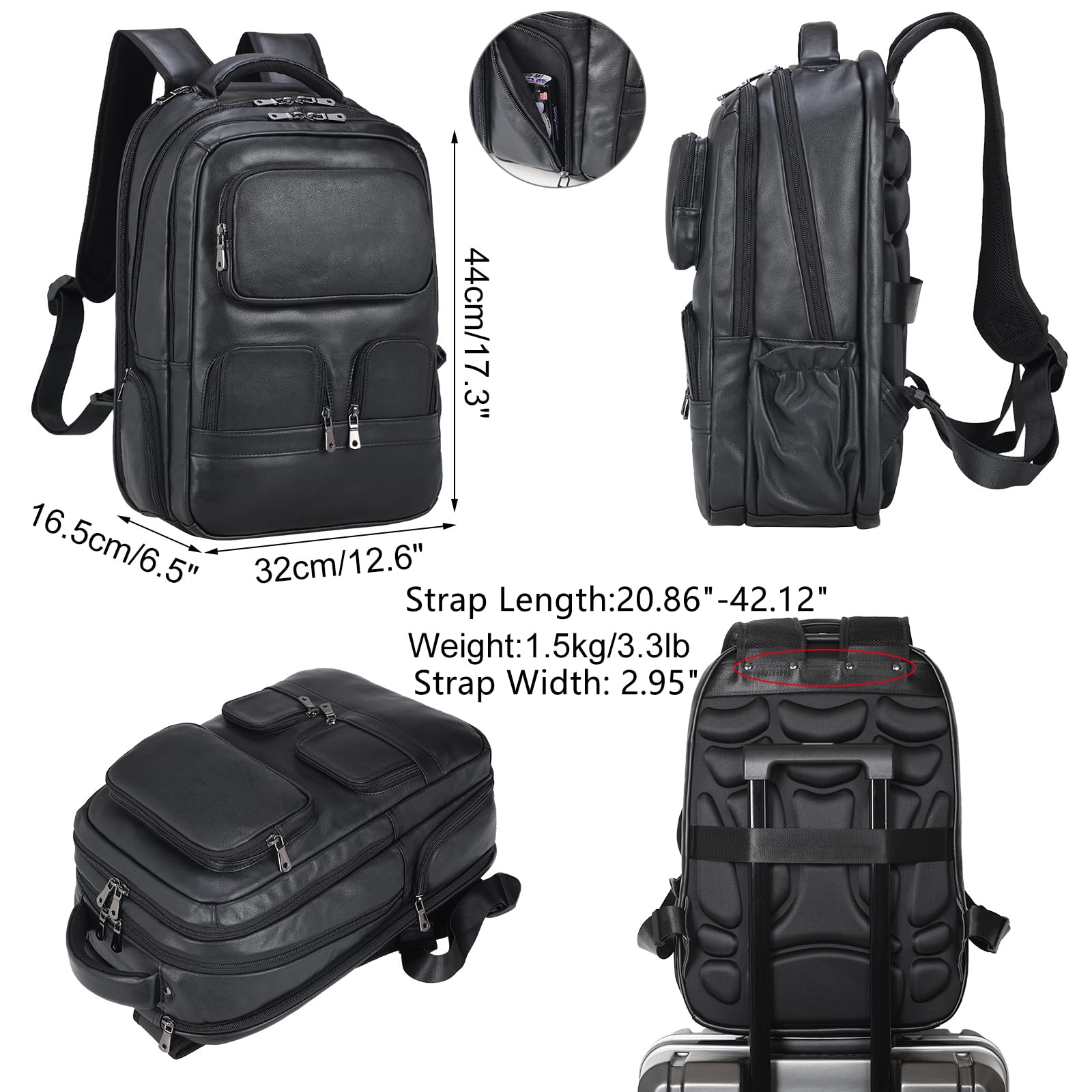 Masa Kawa Full Grain Leather 15.6 Inch Laptop Backpack for Men Black Large Business Travel Rucksack Bag Overnight Daypack