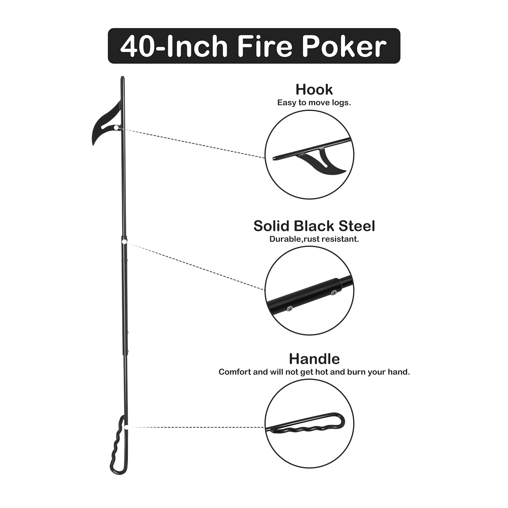 Stanbroil Fire Poker, 40" Fireplace Poker for Indoor and Outdoor Use, Premium Steel Fire Stick for Fire Pit or Inside Fireplace