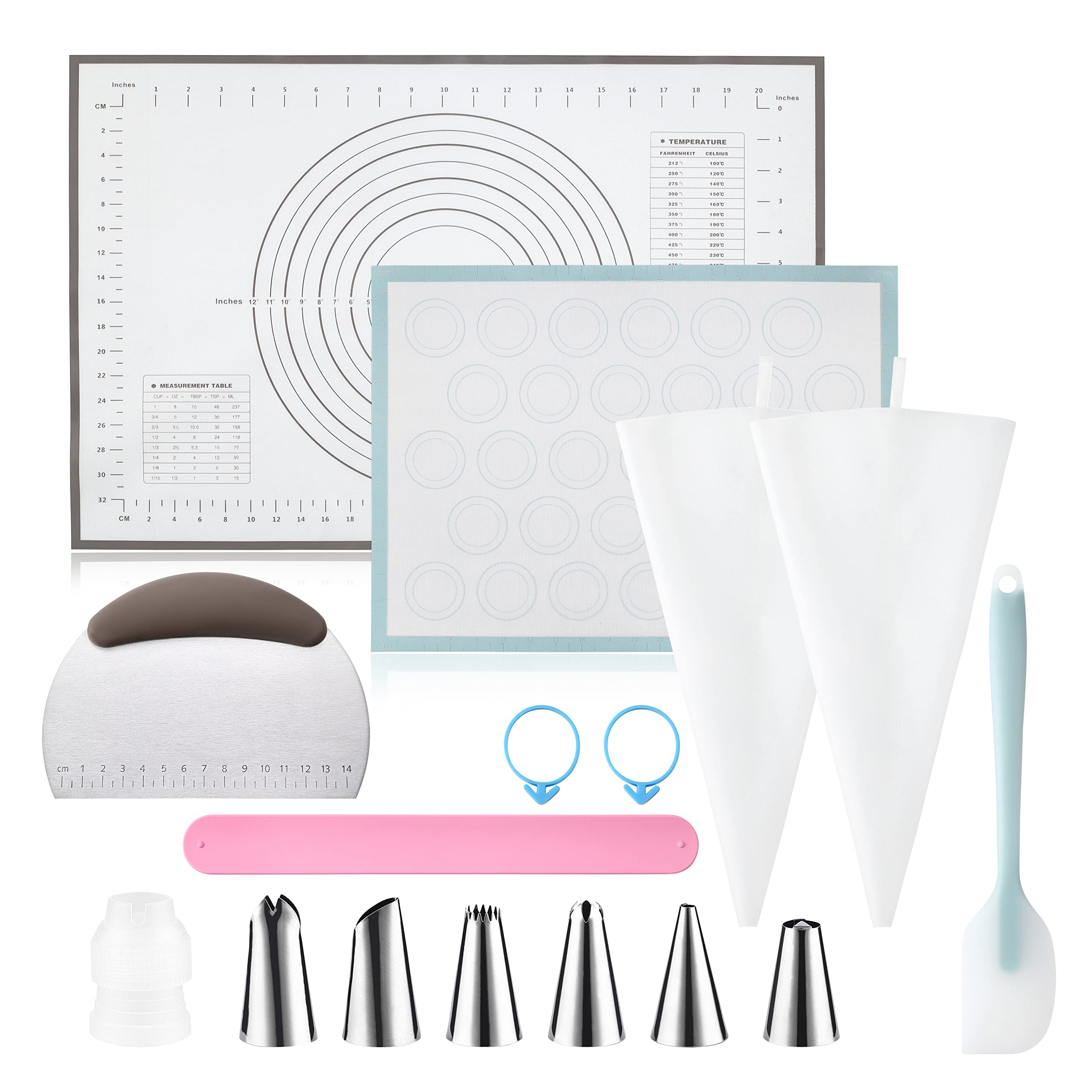 Silicone Baking Mat Kit, Non-Stick Food Grade Silicone Mats Set of 2 Half Sheet Macaron Mats, 6 Piping Tip,2 Piping Bag and 2 Tie Heat Resistant,BPA Free-Reusable Nonstick Liners for Baking Pans