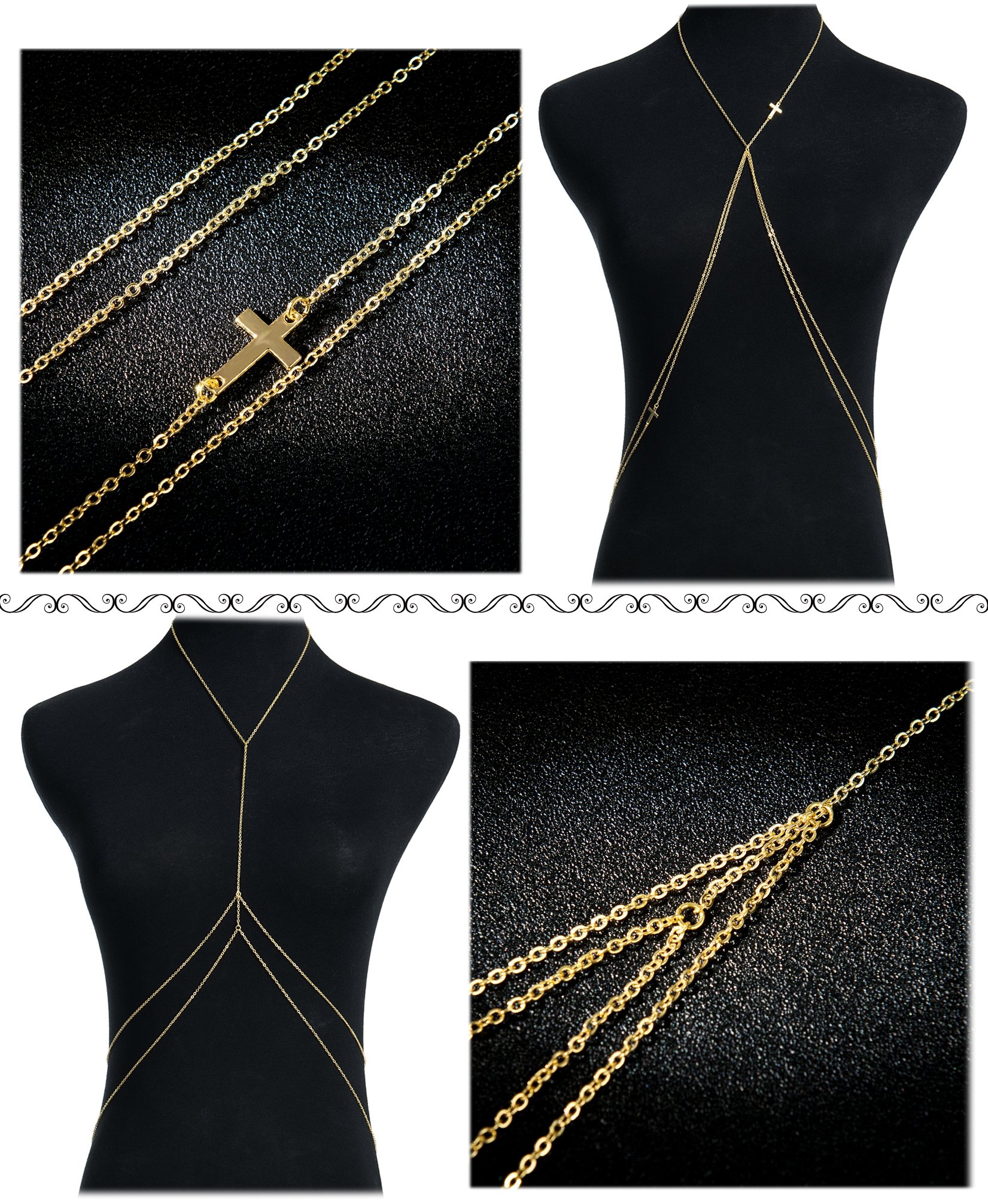 Masedy 4Pcs 18K Gold-plated Sexy Crossover Body Belly Chains Necklace Bikini Beach Body Jewelry Gold