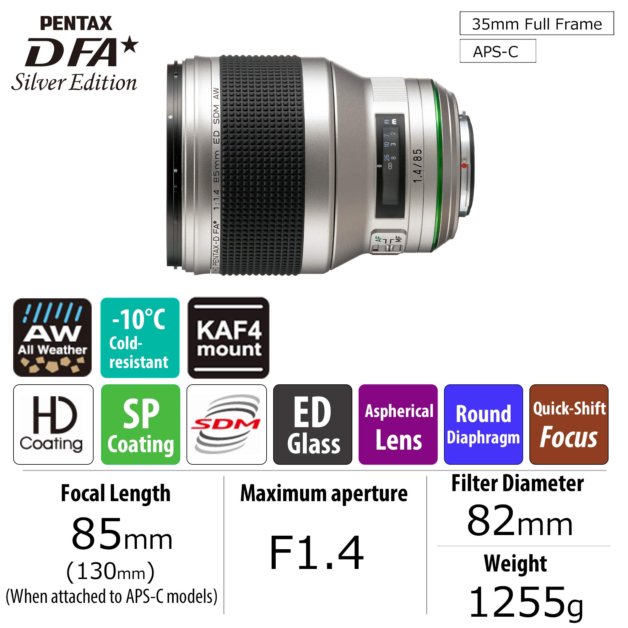 Pentax HD PENTAX-D FA*85mmF1.4ED SDM AW Silver Edition: Limited Quantity Prime Telephoto Lens from The New-Generation, Star-Series Lens Featuring The Latest PENTAX Lens Coating Technologies (23550)