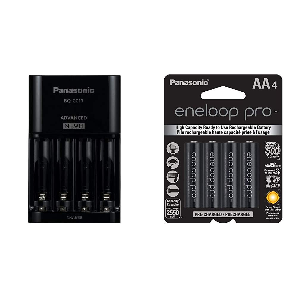 Panasonic BQ-CC17KSBA eneloop Advanced Individual Battery Charger with 4 LED Charge Indicator Lights, Black & BK-3HCCA4BA eneloop pro AA High Capacity Ni-MH Pre-Charged Rechargeable Batteries, 4 Pack