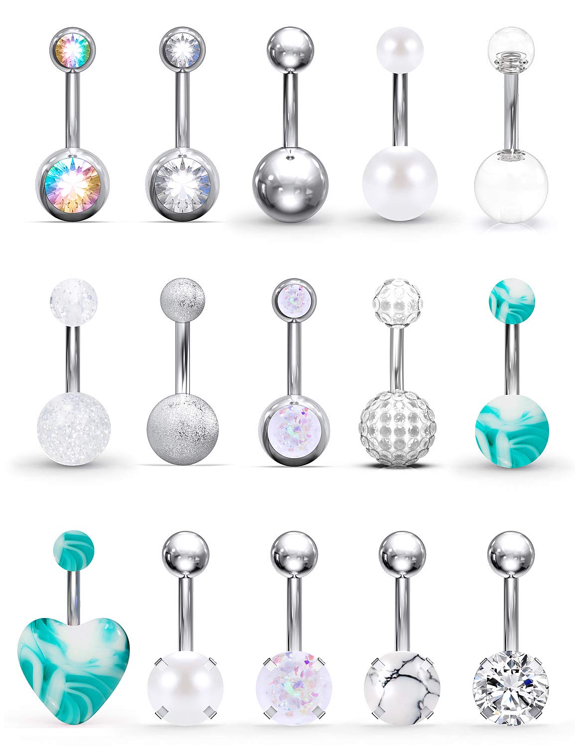 SCERRING 14G Belly Button Rings Stainless Steel Belly Navel Barbell Body Piercing Jewelry Heart Clear CZ Stone Opal 15PCS Silver