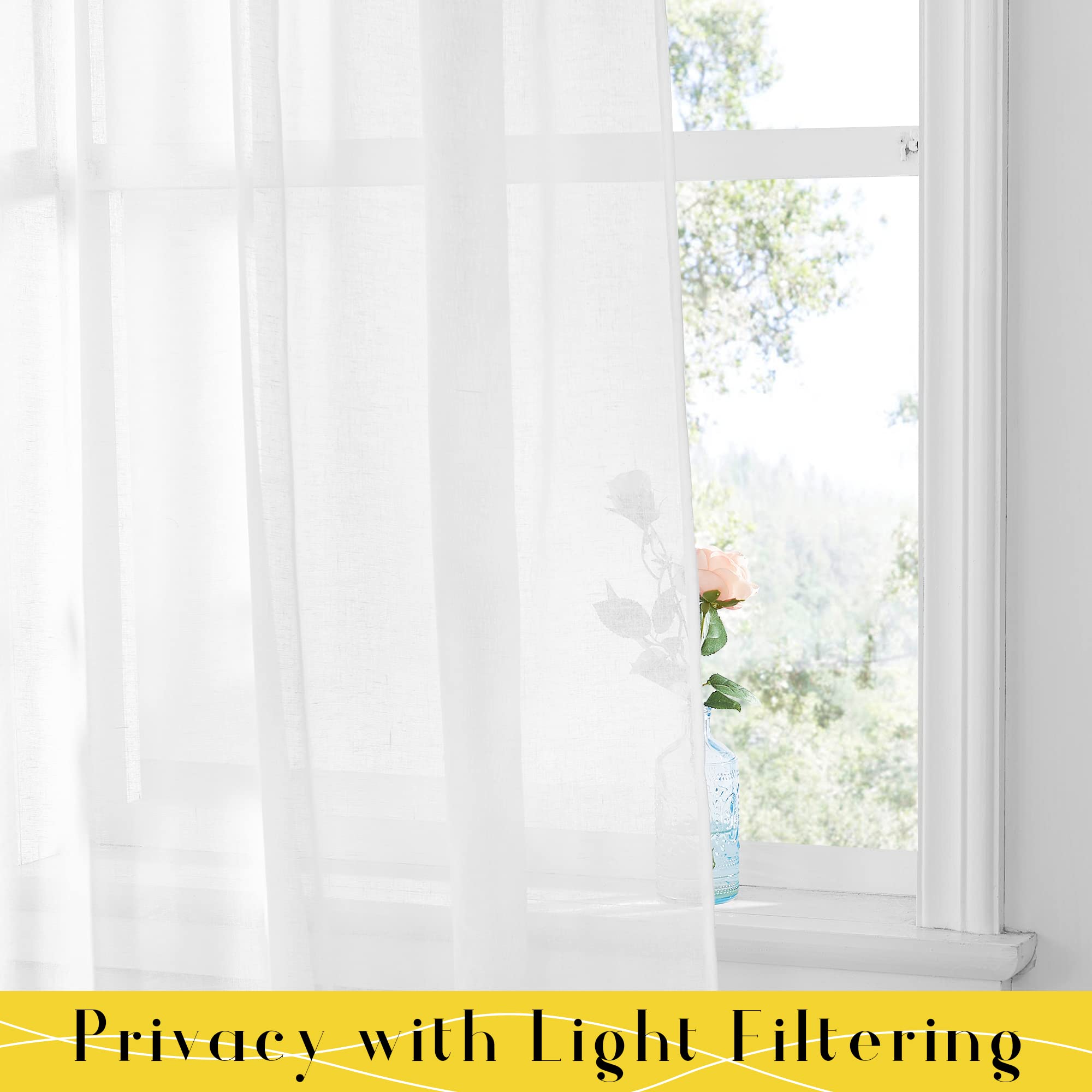 NICETOWN White Linen Sheer Curtains 84 inch Long 2 Panels, Adjustable Tie Top DIY Crafted Flax Semi Sheer Privacy with Light Filtering Vertical Drapes for Bedroom/Living Room, W52 x L84