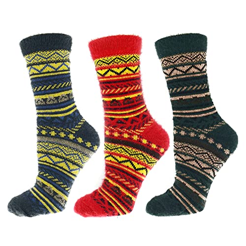 TSoduce Winter Wool Socks for Women Vintage Warm Thick Cozy Rabbit Wool Thermal Boot Crew Hiking Ladies Socks Pack 3 Pairs (Group A)