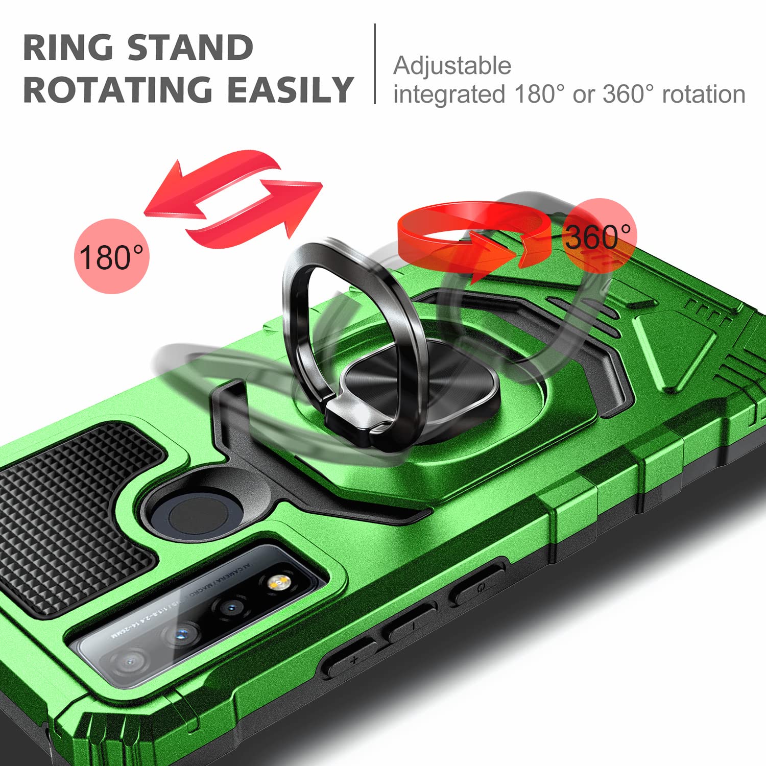NZND Case for TCL 20 XE with Tempered Glass Screen Protector (Maximum Coverage), Full-Body Protective [Military-Grade], Magnetic Car Ring Holder, Heavy-Duty Cover Case (Green)