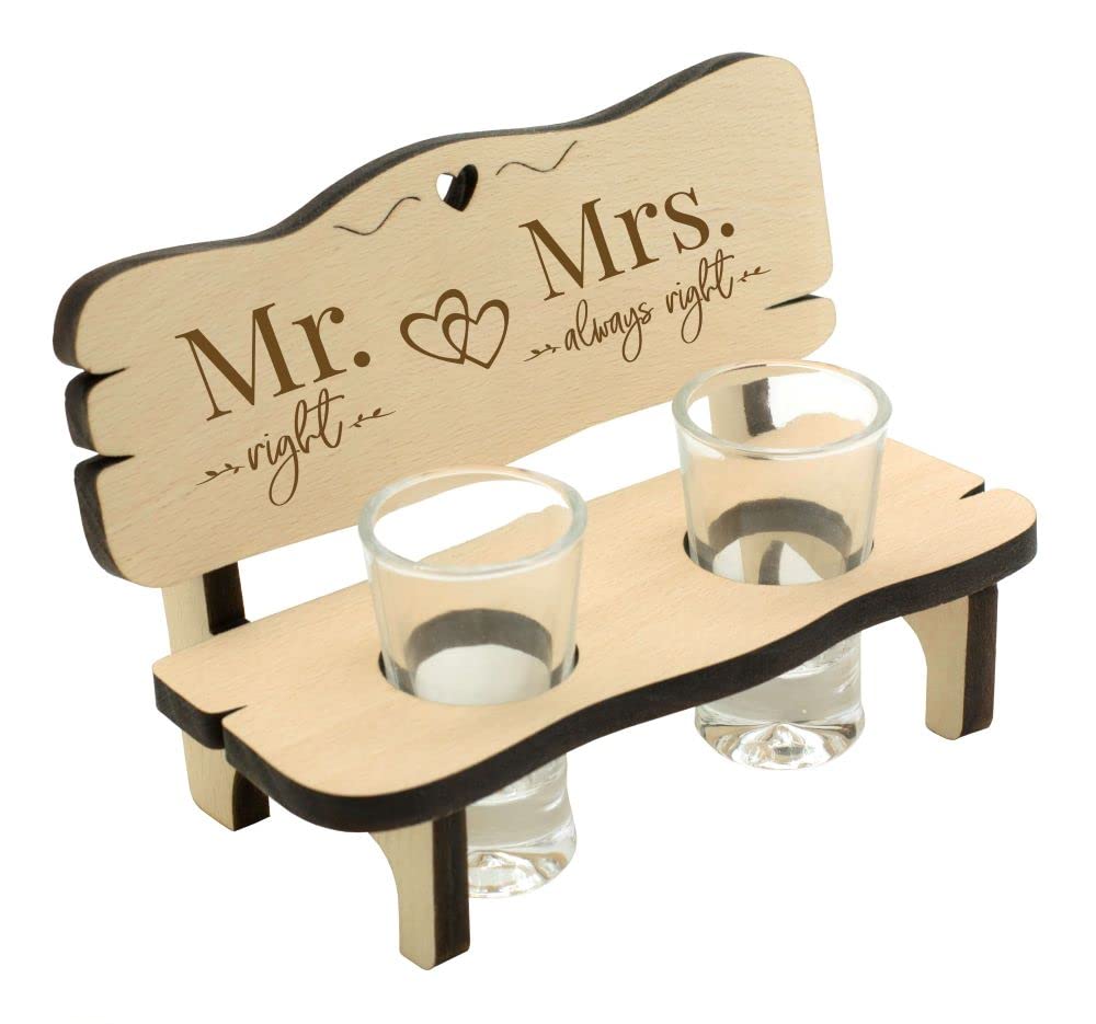 Spruchreif | Engraved Schnapps Bench with 2 Shot Glasses | Alcohol gift | Liquor gift | Wooden Shot Glas Stand with engraving | Funny Wedding Gift | Wedding Gift Ideas | Mr right Mrs always right