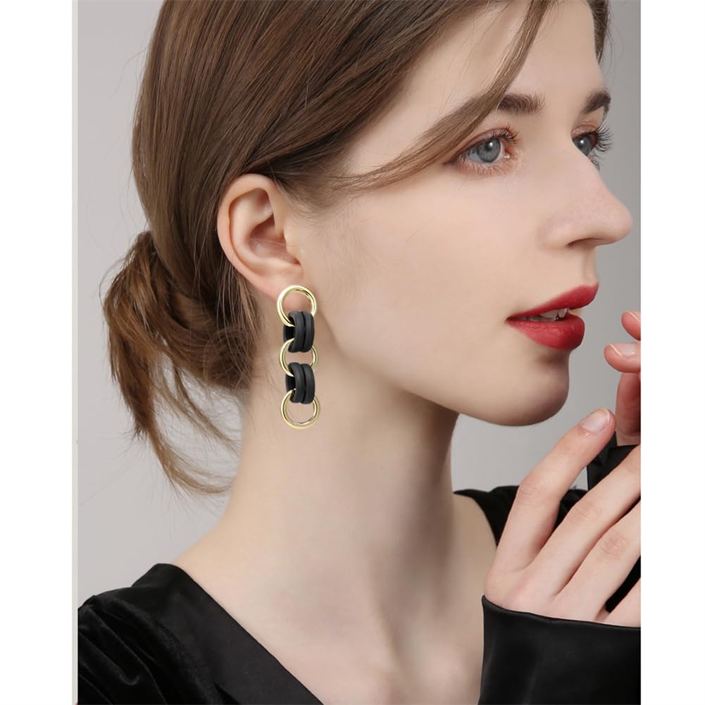 MIGUO STORE Unique Black Exaggerate Chain Earrings Creative Personality Geometric Floor Hollow Drop Dangle Earrings For Women (Gold Black Long Chain Earrings)