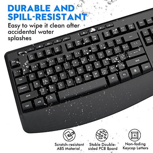 Wireless Keyboard and Mouse Combo, E-YOOSO 2.4GHz Full-Sized Ergonomic Wireless Keyboard with Wrist Rest, 3 DPI Adjustable and 6 Buttons Cordless USB Mouse for Computer, Laptop, PC, Windows (Black)