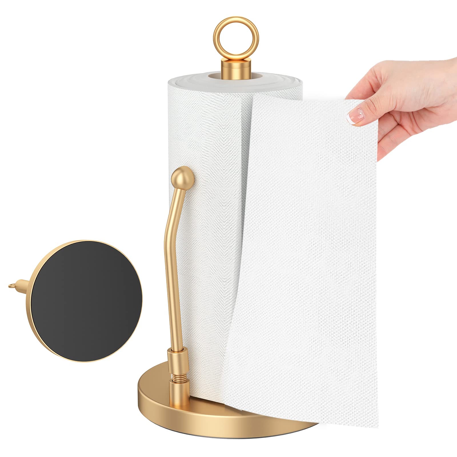 Paper Towel Holder Stainless Steel - One Hand Tear Paper Towel Dispenser Standing Weighted Base Non Slip, Spring Arm, Stainless Steel Paper Towel fits in Kitchen Bathroom Countertop (Gold)