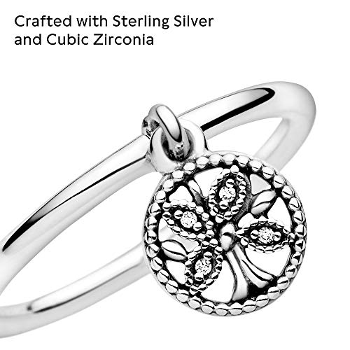 Pandora Dangling Family Tree Ring - Sterling Silver Ring for Women - Layering or Stackable Ring - Intricately Hand-Finished Ring - Gift for Her - Sterling Silver with Clear Cubic Zirconia - Size 5
