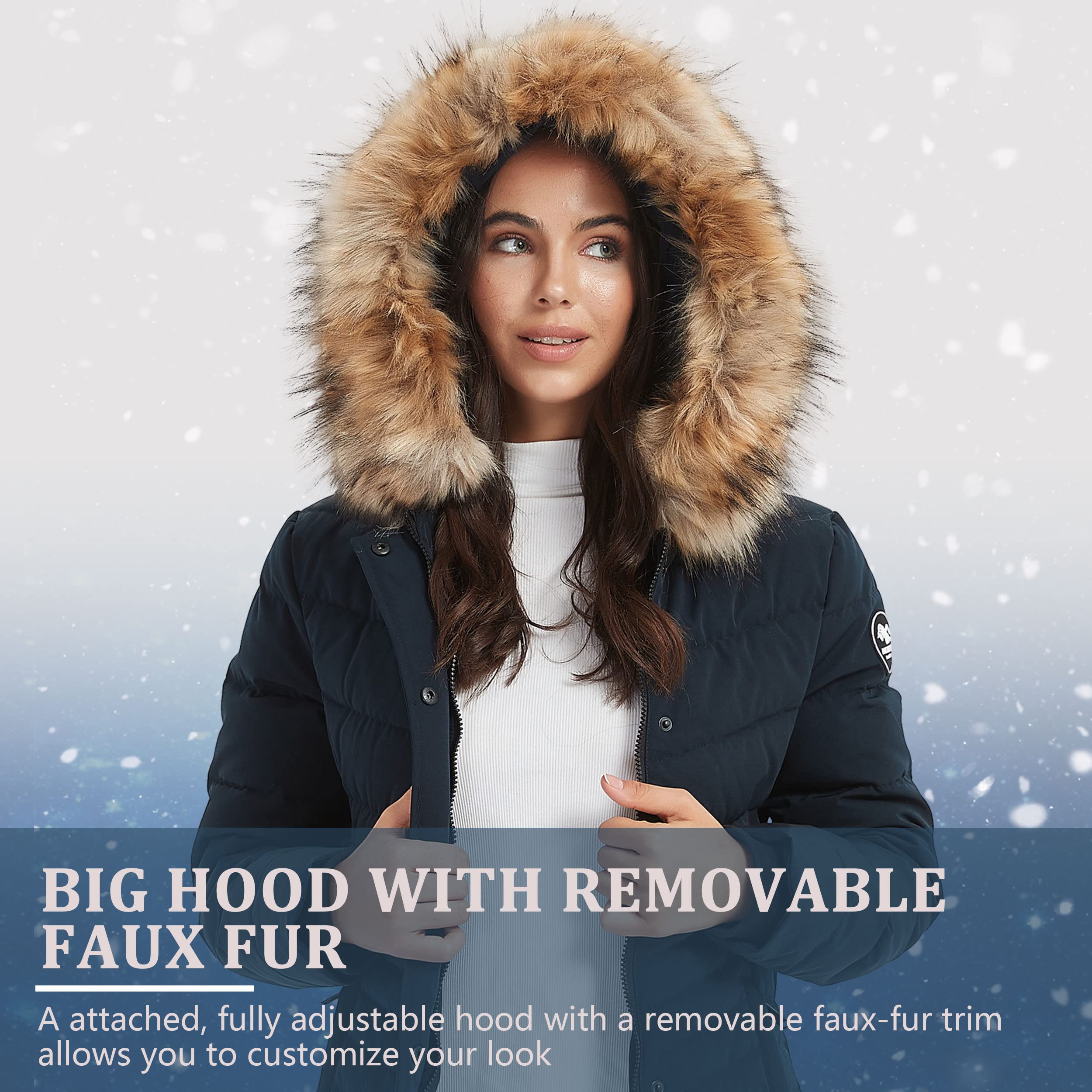 Molemsx Down Coat For Women, Women's Warm Winter Parka Down Coats with Removable Fur Hood Puffer Jacket Shell Snowboarding Coats for Cold Weather Navy M-Regular