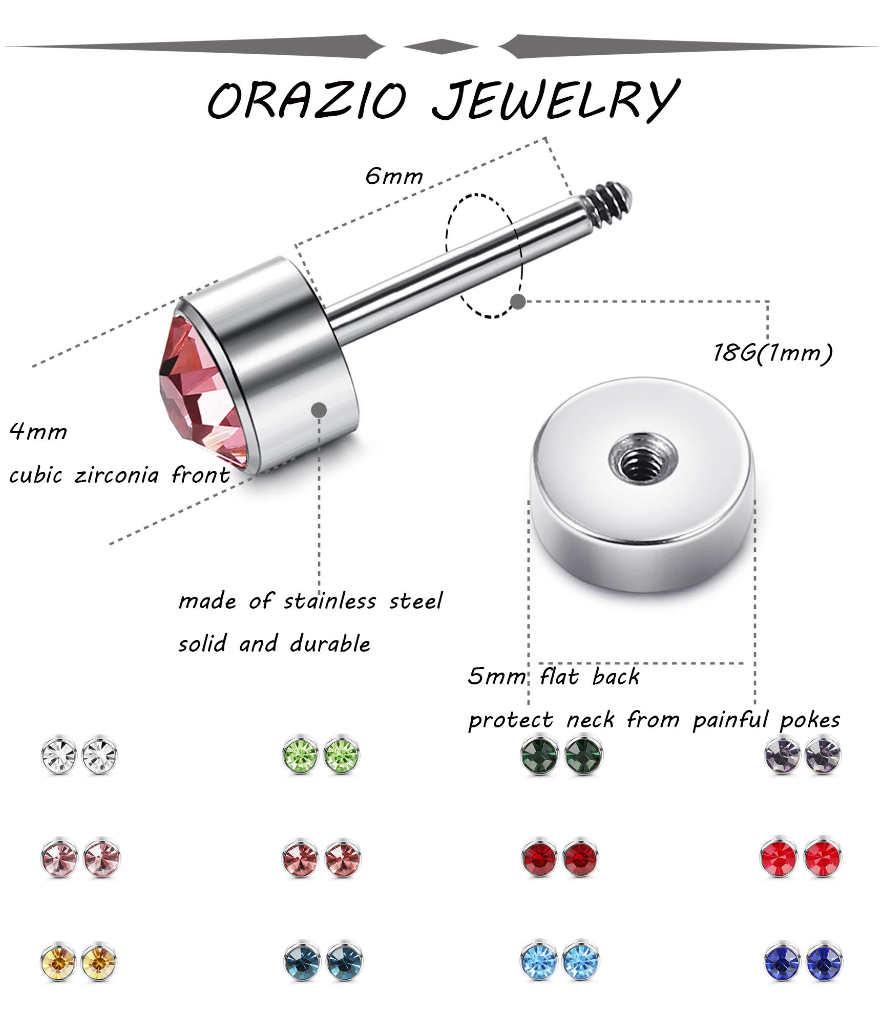ORAZIO 12 Pairs Stainless Steel CZ Stud Earrings for Women Cubic Zirconia Cartilage Stud Earring Screwback 4mm