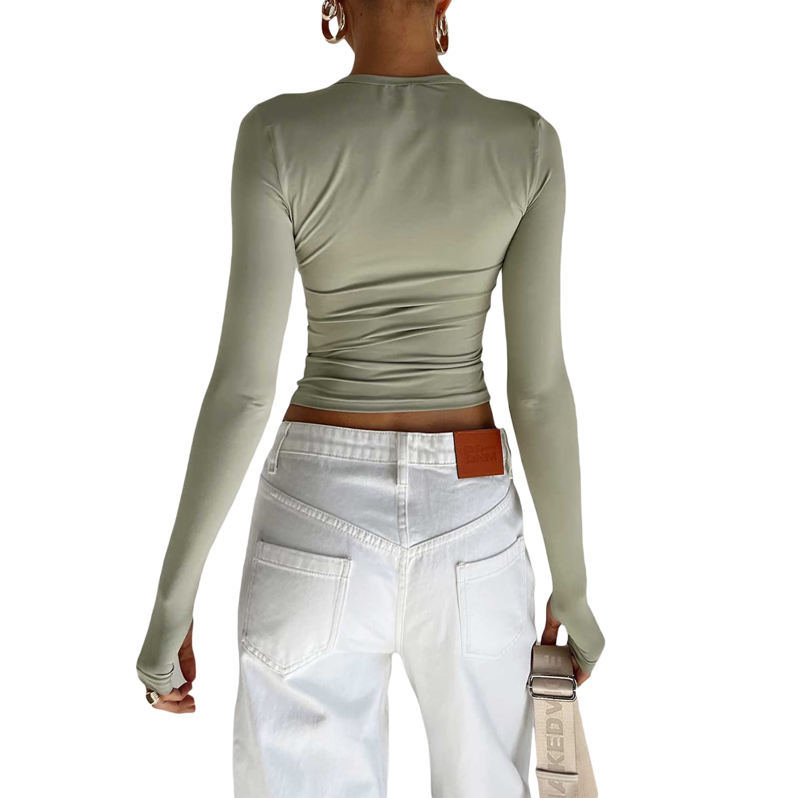 Women Slim Workout Shirt Top Long Sleeve Crewneck Skinny Athletic Top Solid Yoga Basic Crop Tee Tops (Thumble Hole Green,Small)