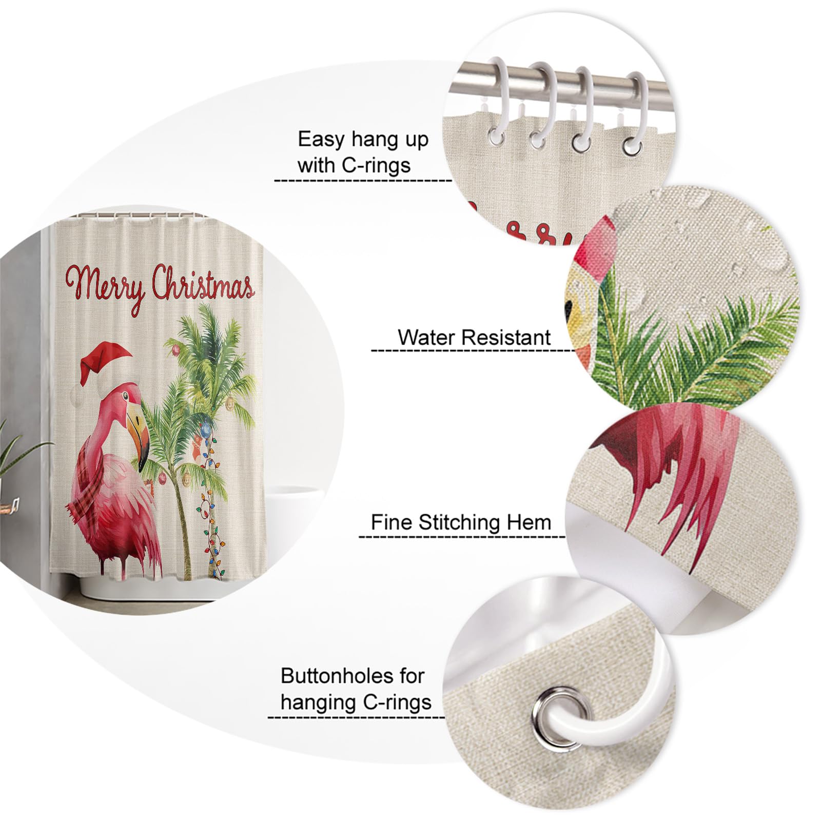 Merry Christmas Shower Curtain for Bathroom 72" x 78" Tropical Flamingo Palm Tree Shower Curtain with Hooks Polyester Waterproof Home Bathtub Decor