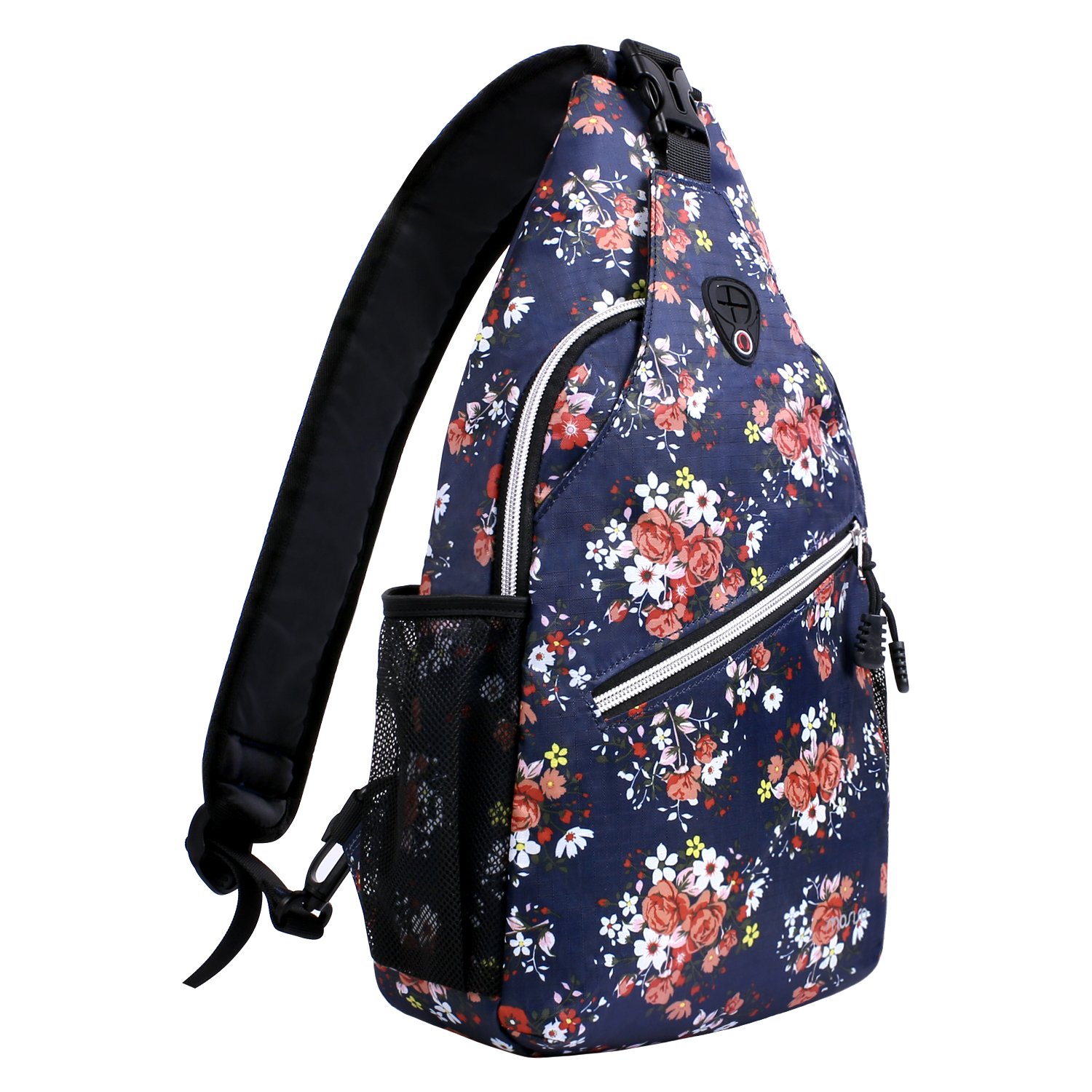 MOSISO Sling Backpack,Travel Hiking Daypack Pattern Rope Crossbody Shoulder Bag, Navy Blue Base Floral