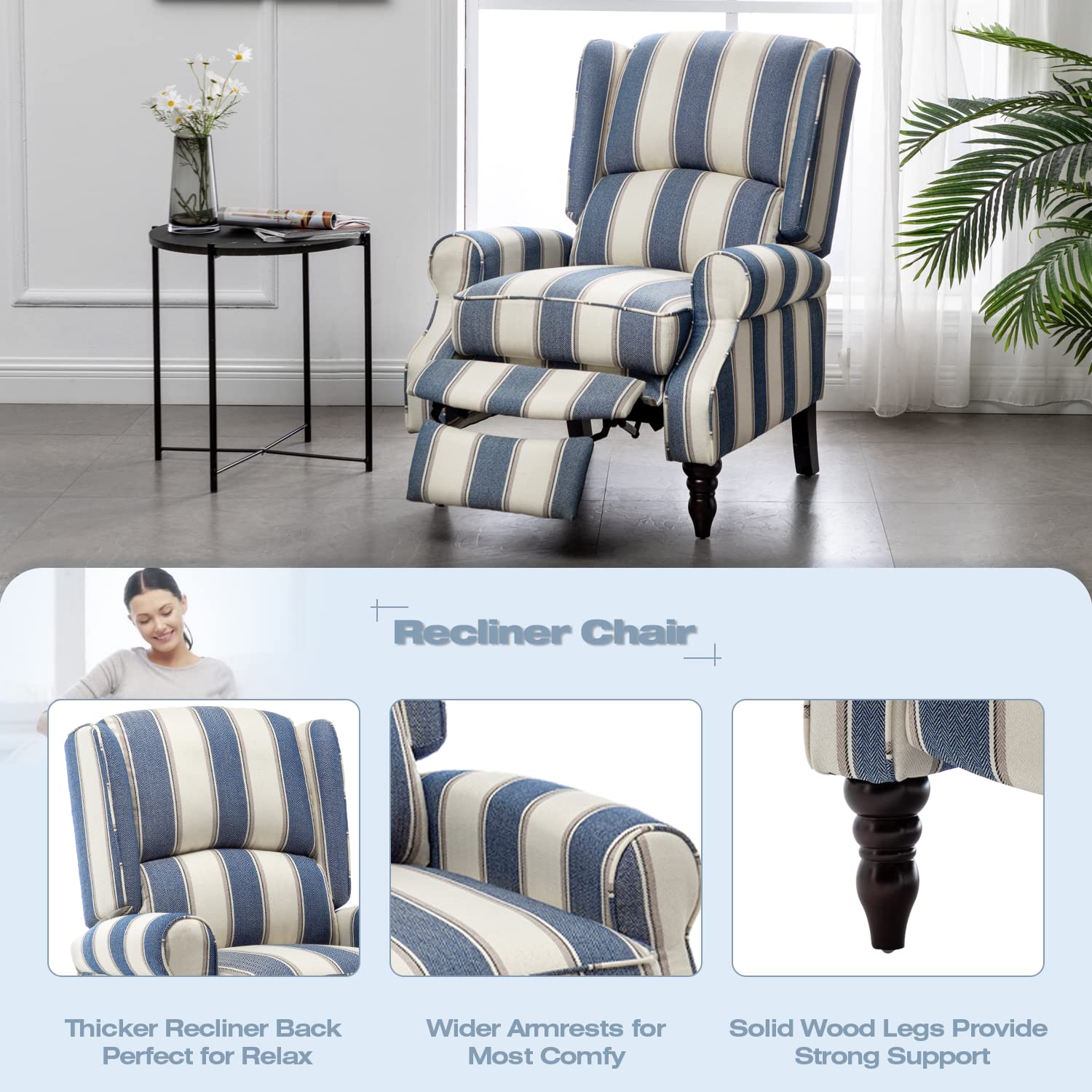MELLCOM Upholstered Wingback Massage Recliner Chair, Traditional Push Back Recliner with Padded Seat, Wired Remote, for Living Room Bedroom, Coastline Style