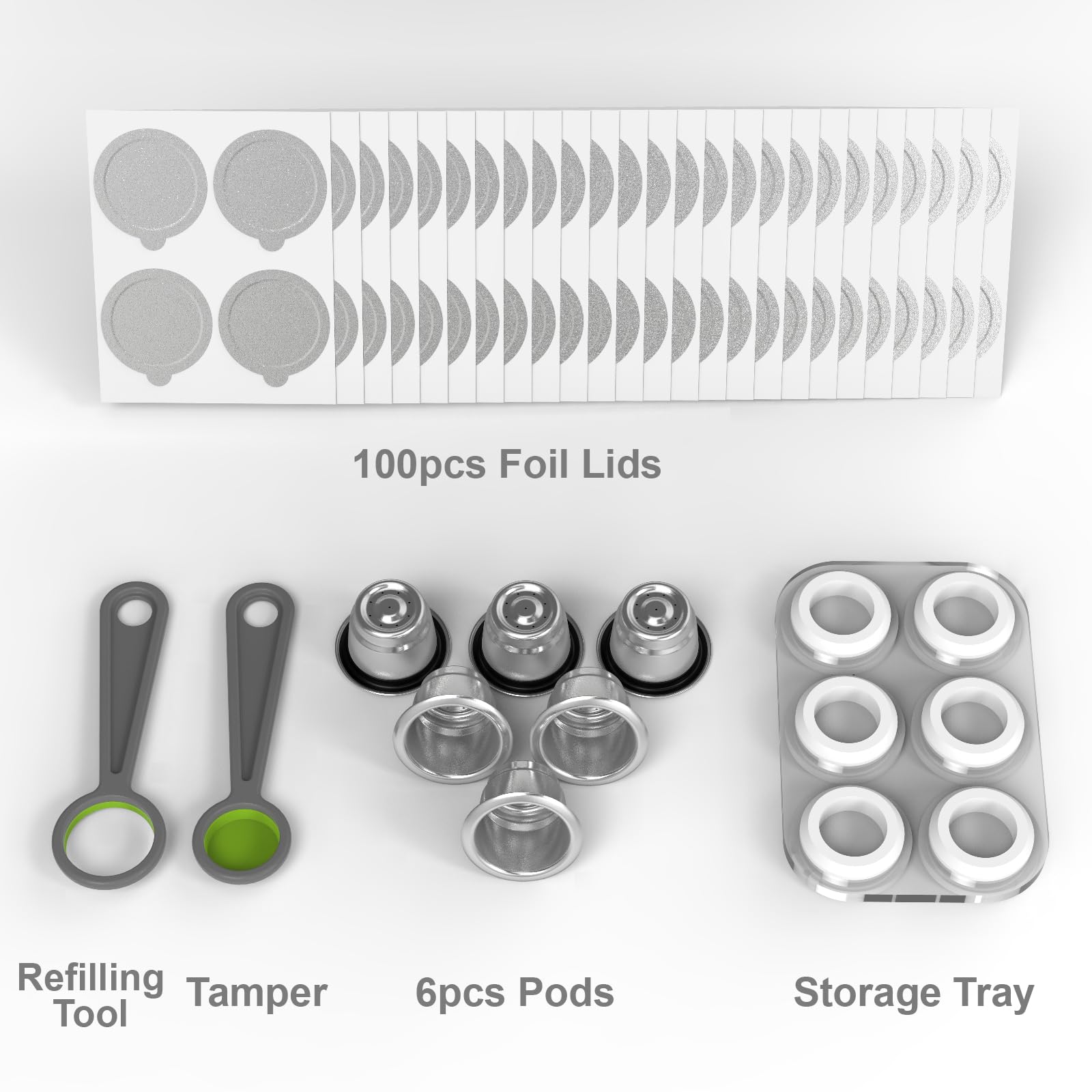 Triplot Reusable Capsules for Nespresso OriginalLine - 6pcs Refillable Coffee Pods,Stainless Steel Cups Compatible for Nespresso OriginalLine Machine (6Pods+100pcs Lids+Tray+Refilling Tool&Tamper)
