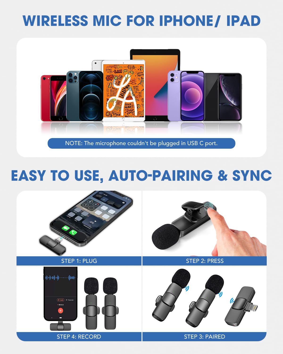 NICHOM Wireless Lavalier Microphone for iPhone/iPad Mini Clip-on Microphone Wireless for iPhone Video Recording Denoise Omni Lav Lapel Mic for Interview/Youtube/Vlog/Live Stream/Tiktok/Content Creator