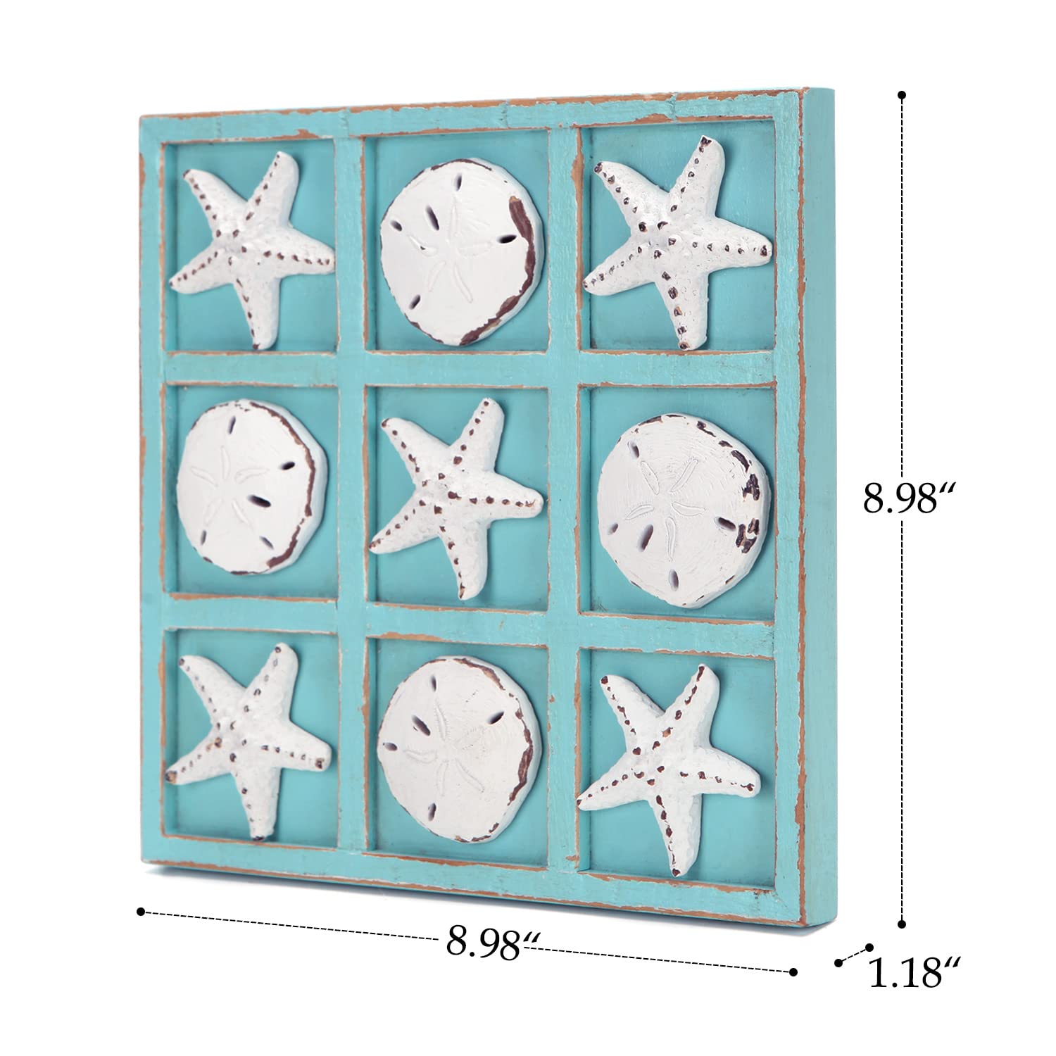 NIKKY HOME Beach Tic Tac Toe for Fun Starfish Sand Dollar Coastal House Coffee Table Decor Wood Board Travel Game, 8.98 x 8.98 x 1.18 inch, Teal
